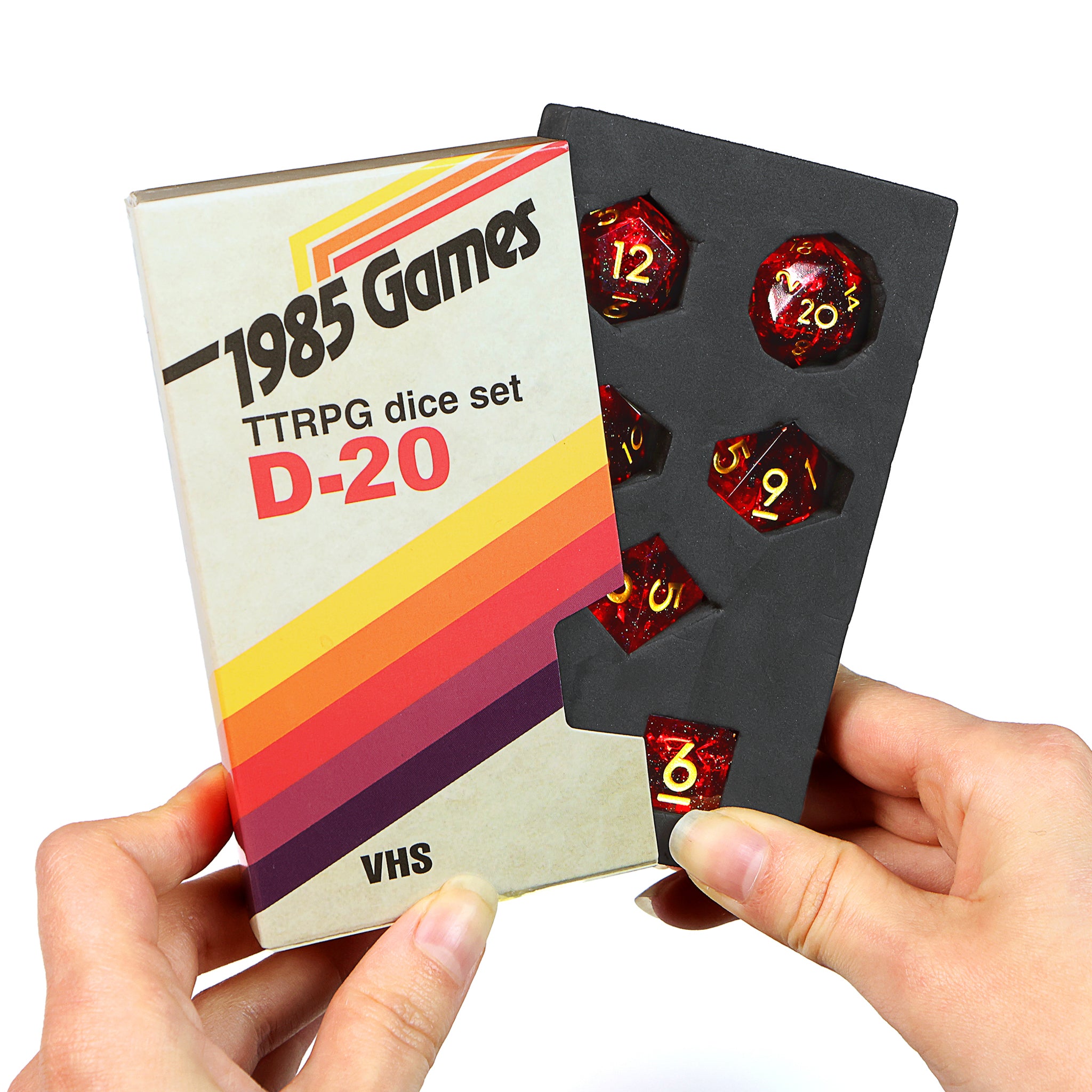VHS Dice: Ruby Red | TTRPG Resin Dice Set – 1985 Games